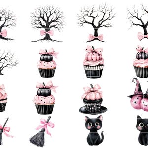 Pink Halloween Watercolor Clipart Bundle | 93 PNG Files | Cats ...