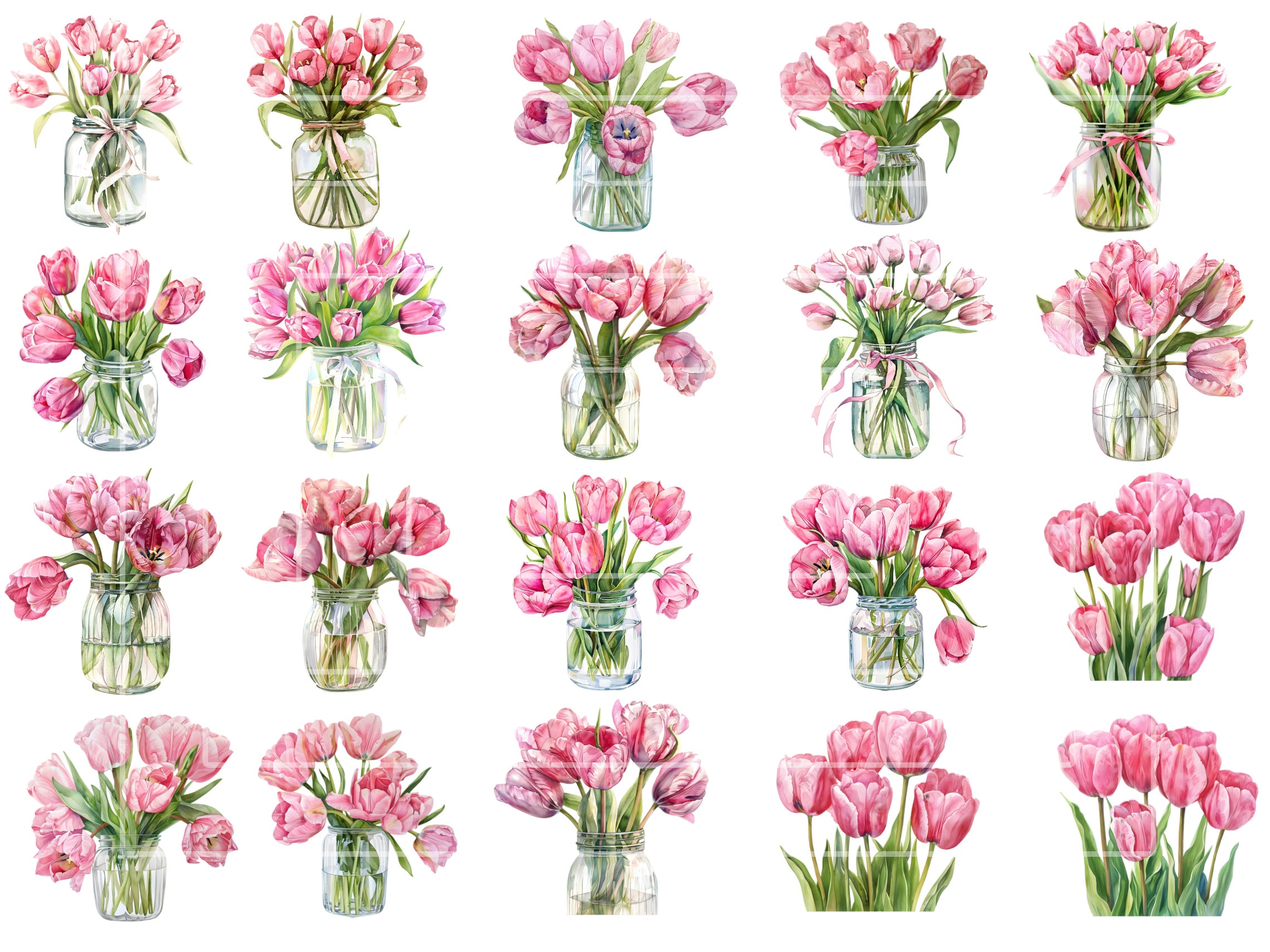 Pink Tulip Watercolor Clipart Set | 88 PNG Files | Floral Clipart for ...