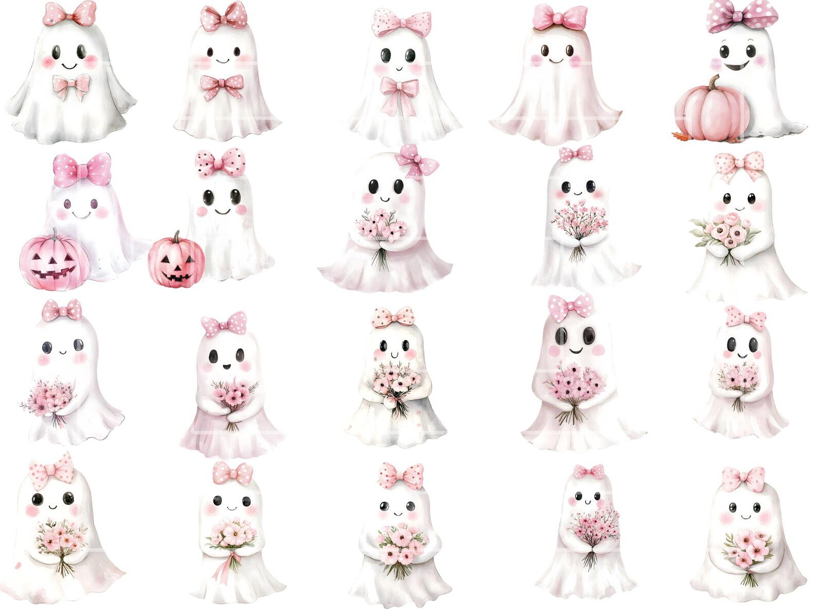 Pink Halloween Watercolor Clipart Bundle | 93 PNG Files | Cute Ghosts ...