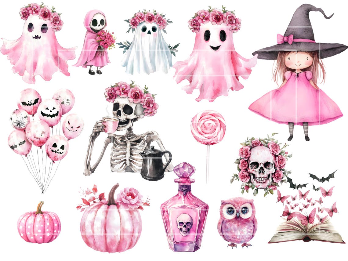 Pink Halloween Watercolor Clipart | 45 PNG Files | Cute Ghosts, Skulls ...