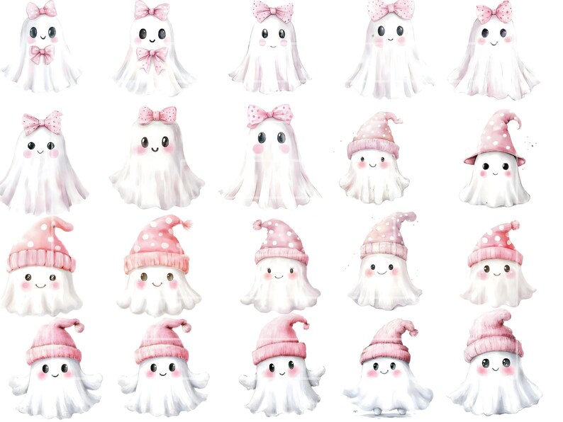 Cute Halloween Ghost Clipart Set - Pink Watercolor Ghosts, Spooky ...