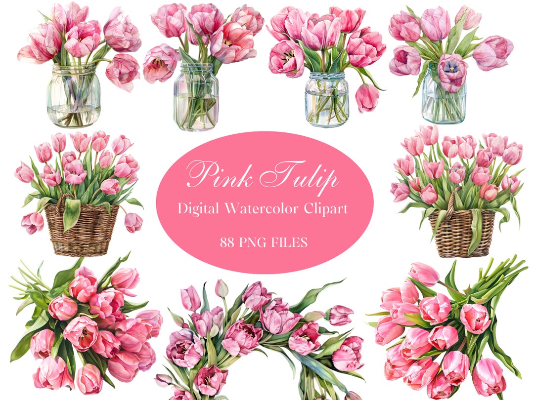 Pink Tulip Watercolor Clipart Set | 88 PNG Files | Floral Clipart for ...