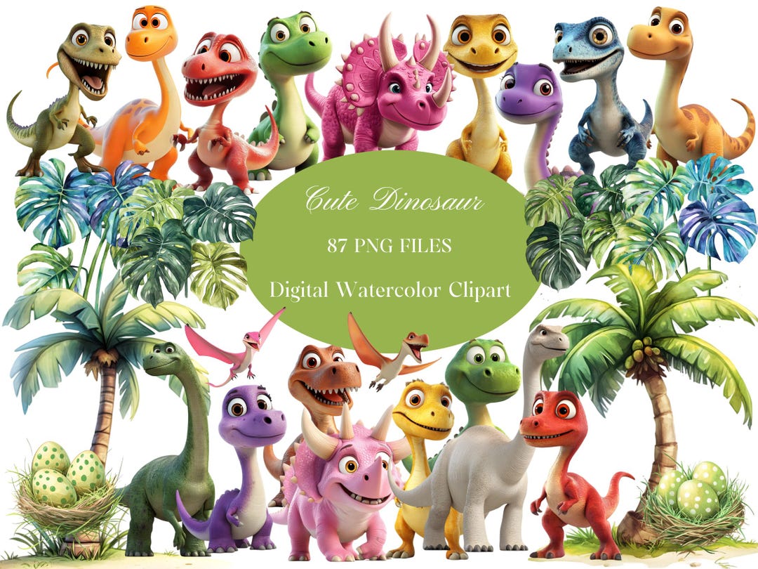 Adorable Dinosaur Digital Watercolor Clipart - 87 PNG Files - Cute Dino ...