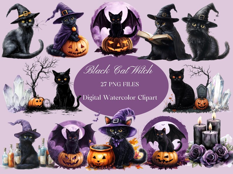 Black Cat Witch Halloween Clipart | 27 PNG Watercolor Clip Art Set ...