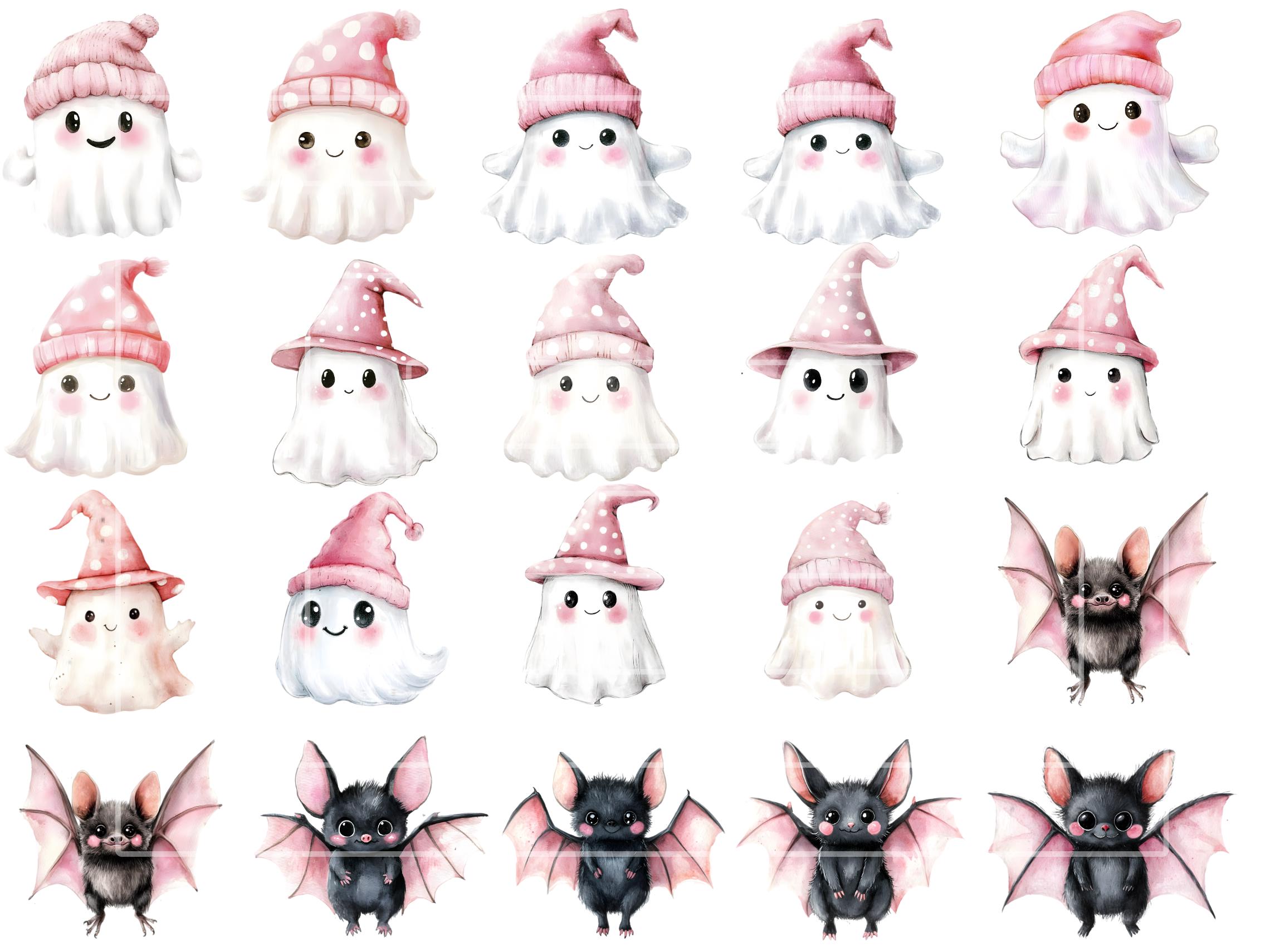 Cute Halloween Ghost Clipart Set - Pink Watercolor Ghosts, Spooky ...