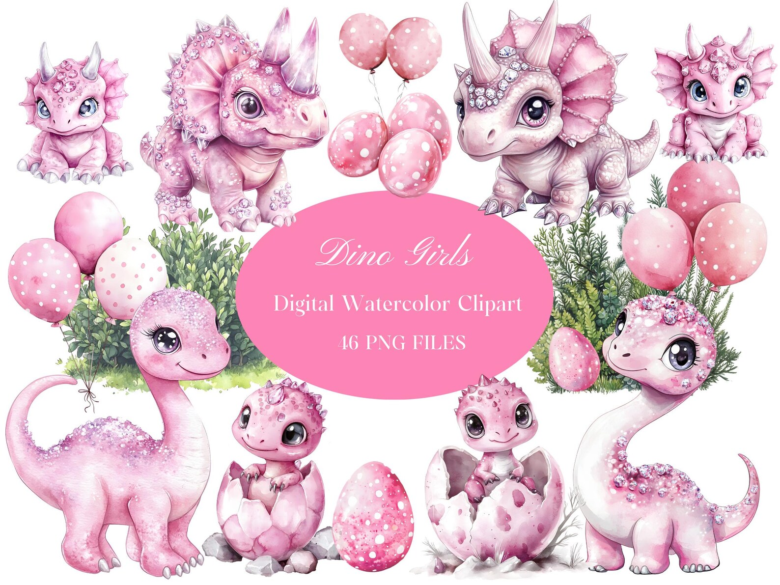 Dino Girls Watercolor Clipart |46 Pink Dinosaur PNG Files | Digital ...