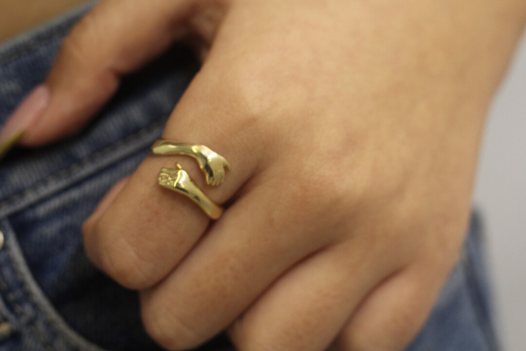 14K Solid Gold Hug Ring, Hugging Hands Ring, Hug Gold Ring, Unique Love ...