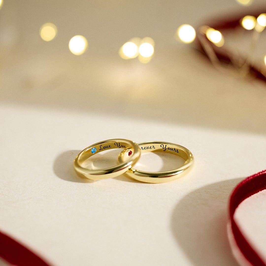 Birthstone Engraved Ring, Personalized Promise Ring, Custom Couple ...