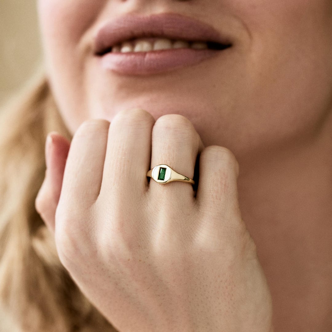 Custom Birthstone Signet Ring, Minimalist Statement Ring, Dainty Pinky ...