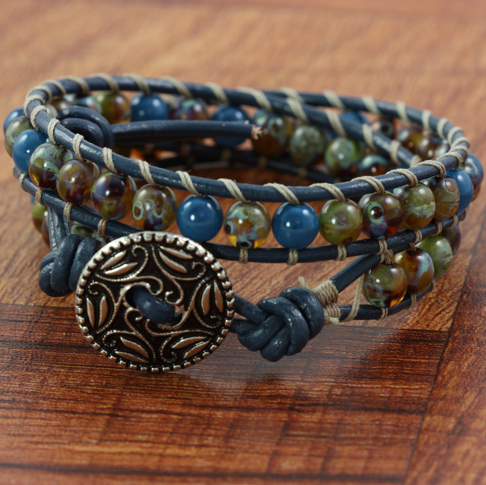 Sage Wrap Bracelet With Navy Leather 3rd Anniversary Gift - Etsy