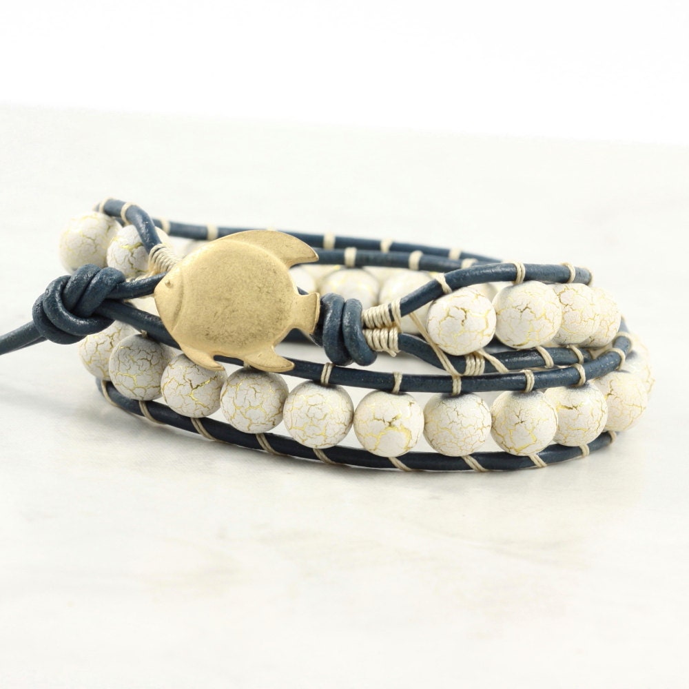 Goldfish Jewelry, Navy Leather Bracelet, off White Nautical Jewelry ...