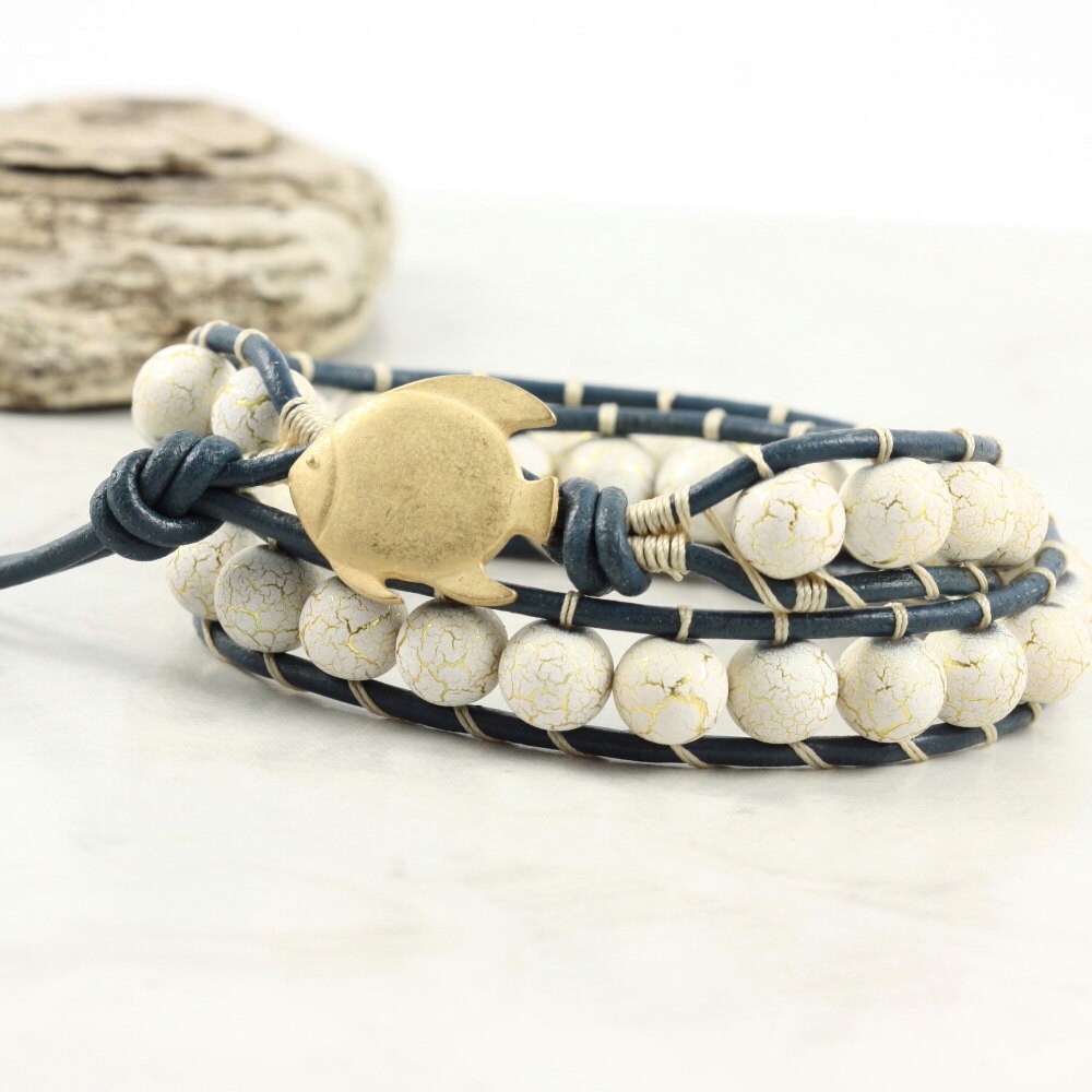 Goldfish Jewelry, Navy Leather Bracelet, off White Nautical Jewelry ...