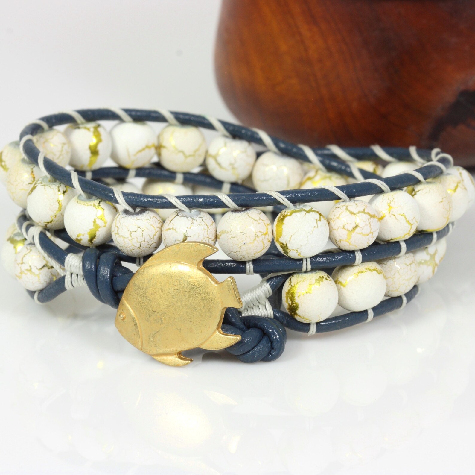 Goldfish Jewelry, Navy Leather Bracelet, off White Nautical Jewelry ...