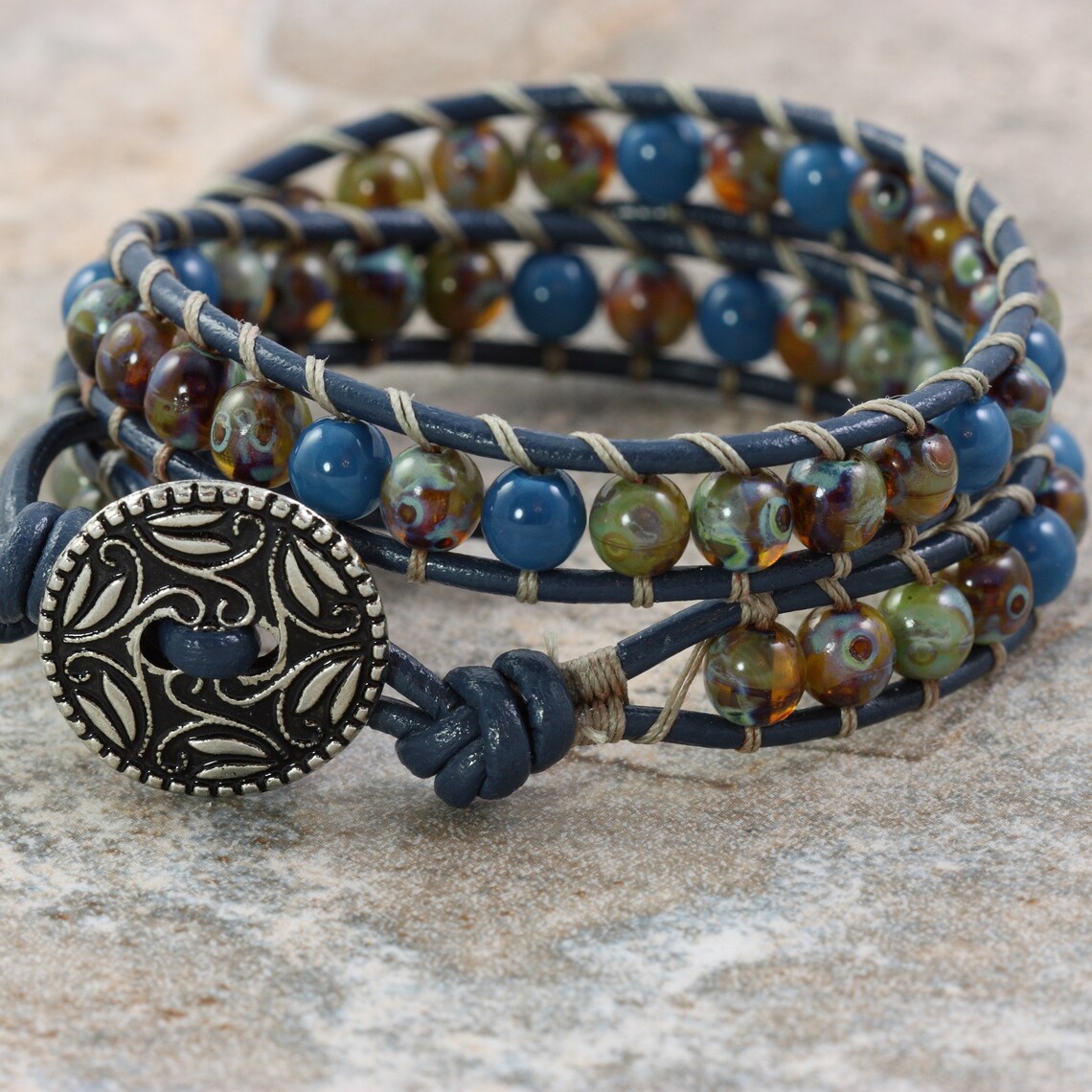Sage Wrap Bracelet With Navy Leather 3rd Anniversary Gift - Etsy