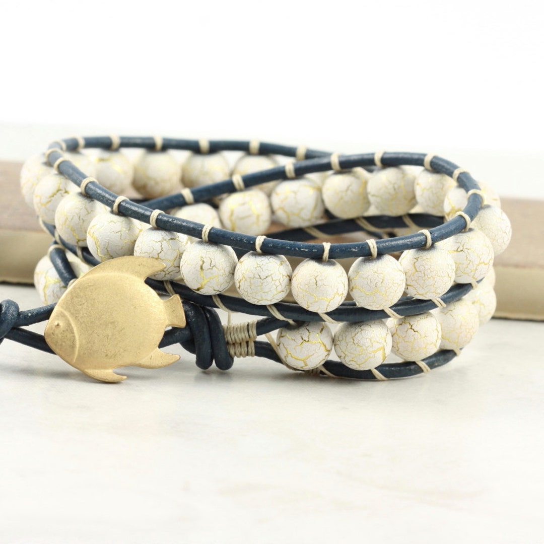 Goldfish Jewelry, Navy Leather Bracelet, off White Nautical Jewelry ...