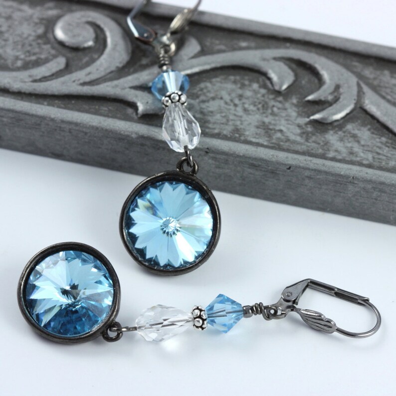 Aqua Drop Earrings Crystal Rivoli Earrings Gunmetal Jewelry | Etsy