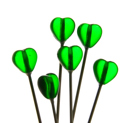 6 Green Glass Heart Pins Medium Long | Etsy