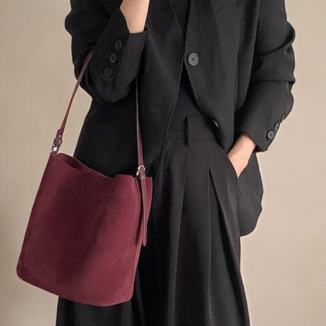 Suede Leather Bucket Bag With Adjustable Shoulder Strap, Genuine ...