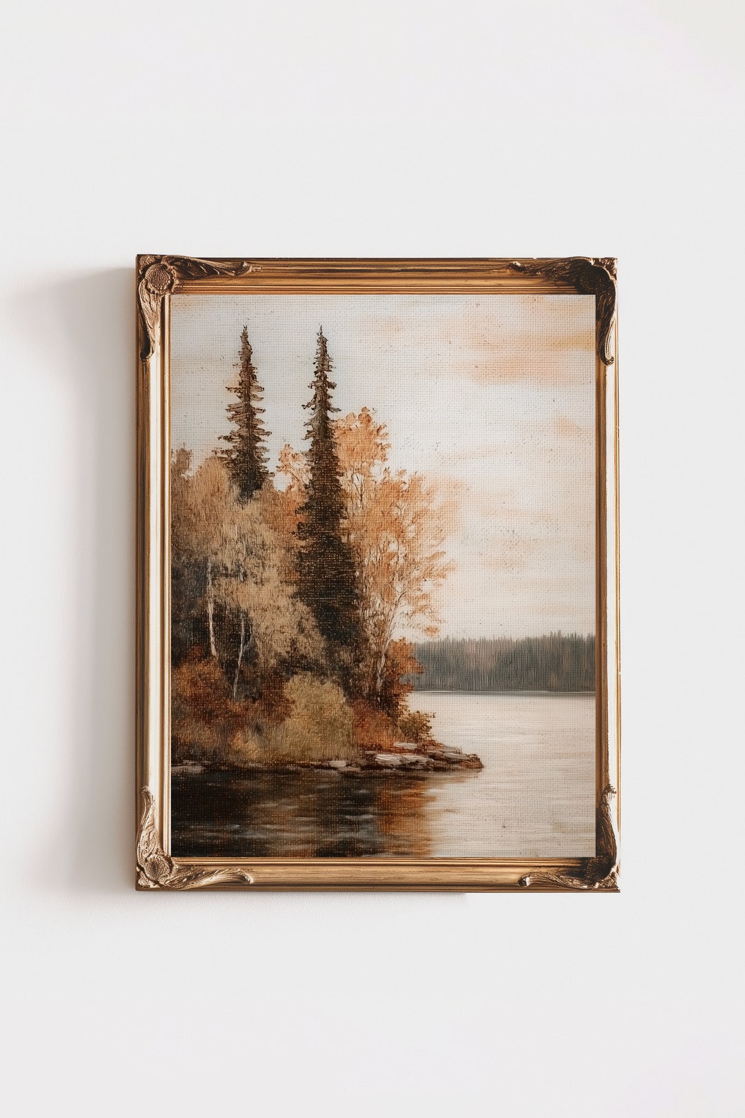 Vintage Print Autumn Lake Painting | Cozy Fall Landscape Art Print ...