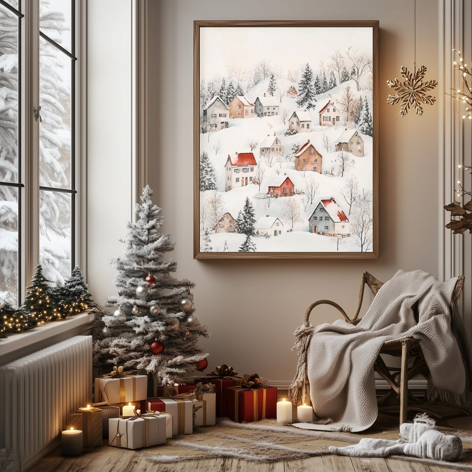 Winter Scene Digital Print, Rustic Christmas Wall Art, Snowy Village ...
