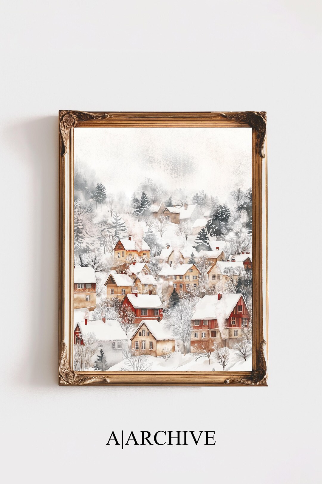 Winter Village Scene Print, Christmas Wall Art, Snowy Holiday Landscape ...