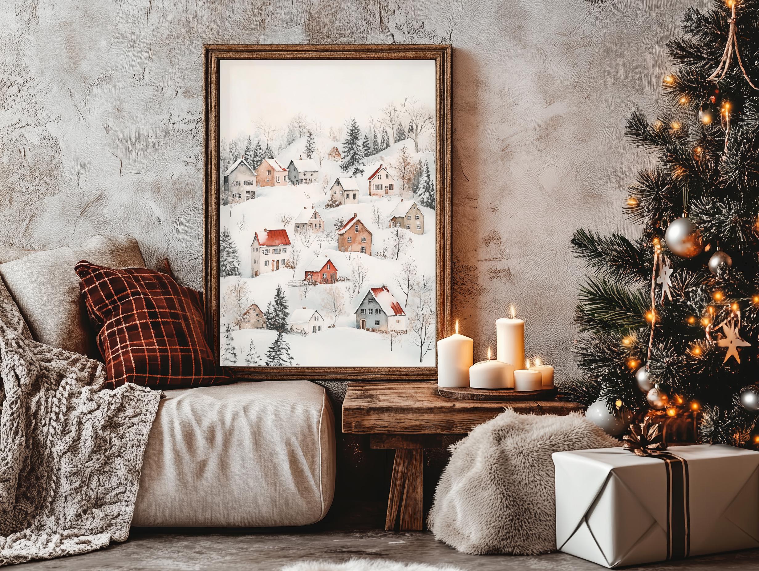 Winter Scene Digital Print, Rustic Christmas Wall Art, Snowy Village ...