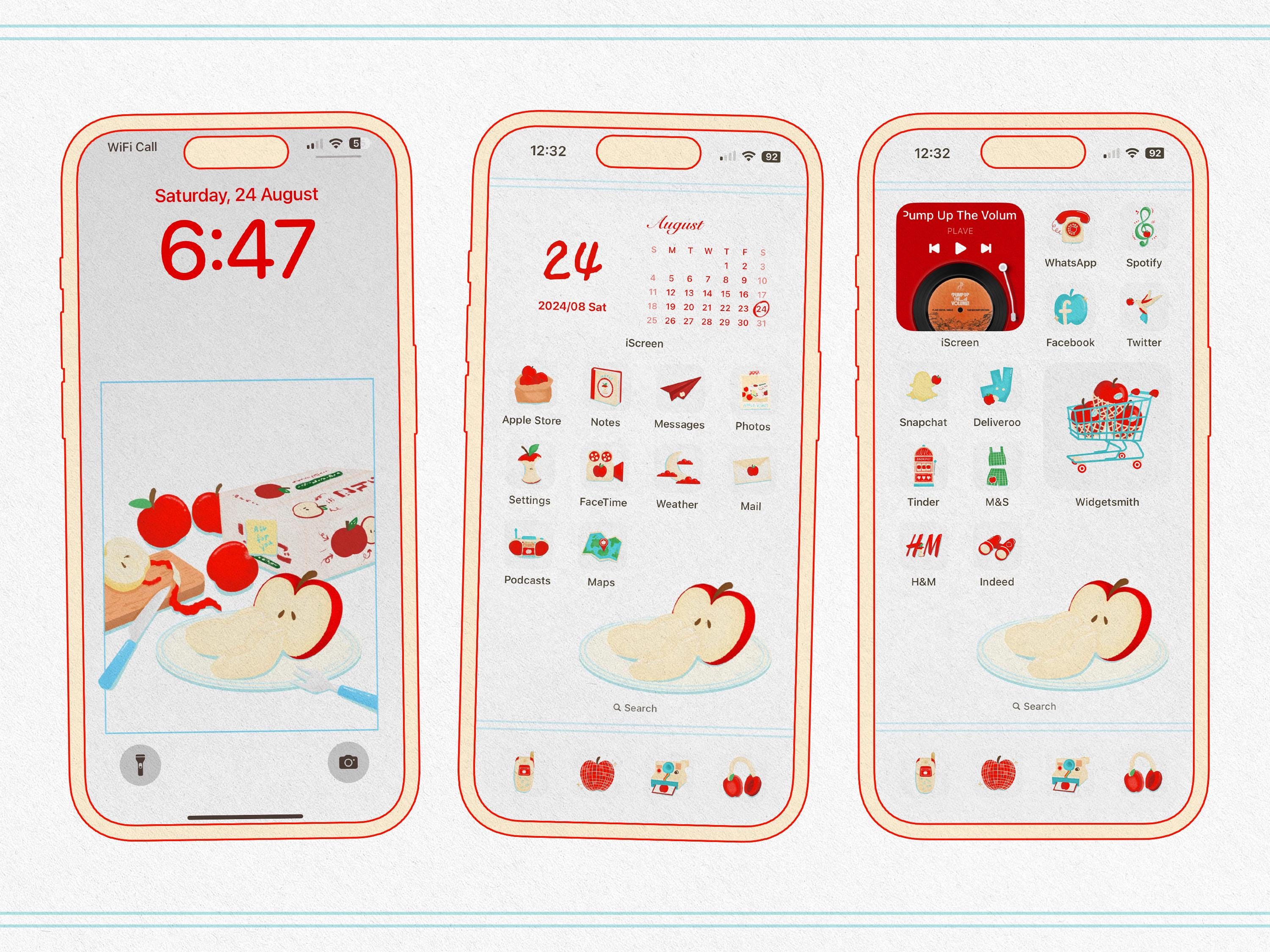 Sweetie Apple Aesthetic App Icon Pack Cute Hand-drawn Illustration ...