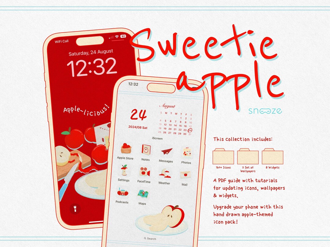 Sweetie Apple Aesthetic App Icon Pack Cute Hand-drawn Illustration ...