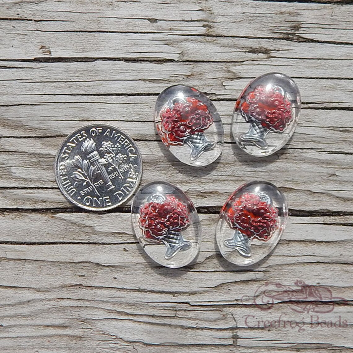 West German Glass Intaglio Cabochons With Red Flower Basket. - Etsy