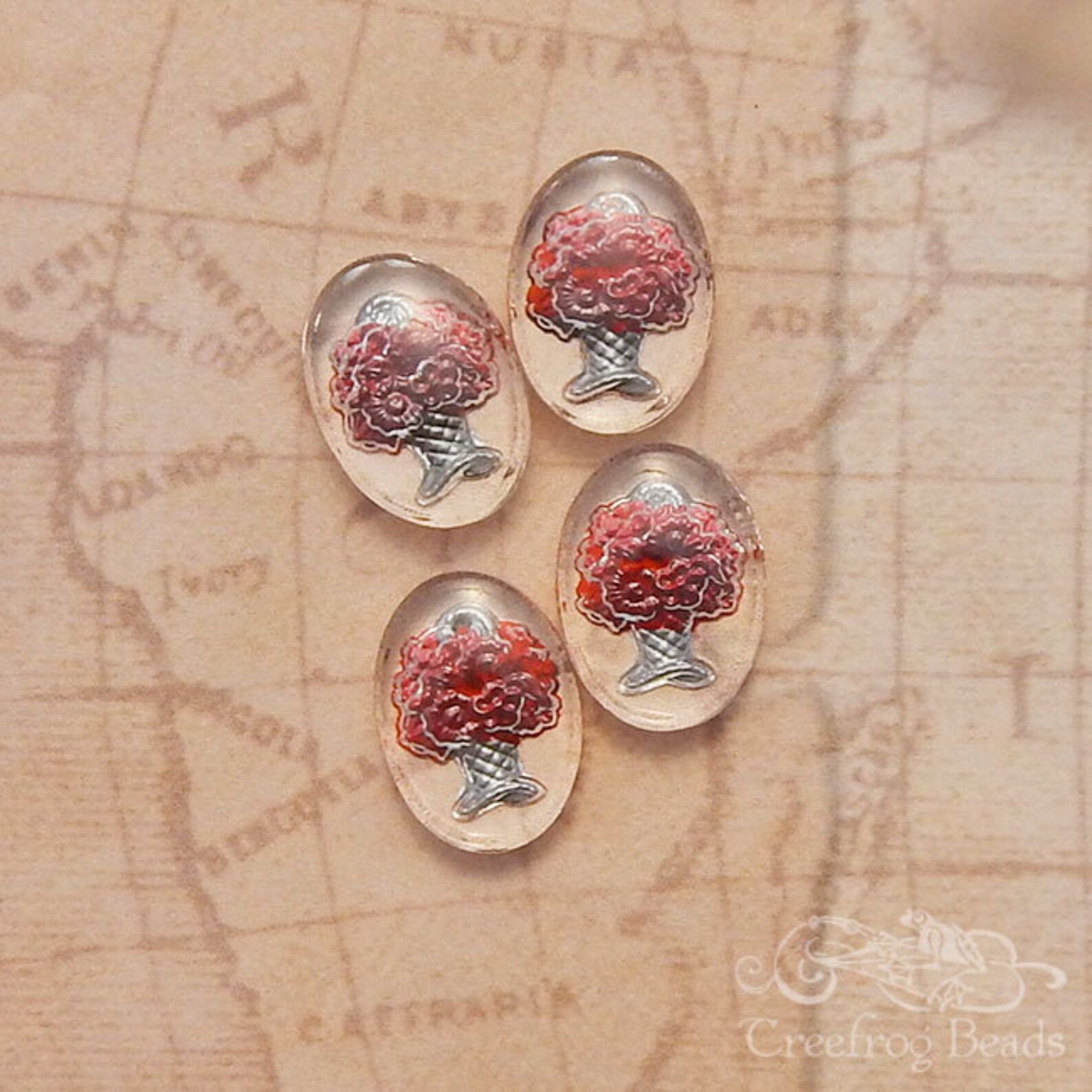 West German Glass Intaglio Cabochons With Red Flower Basket. - Etsy