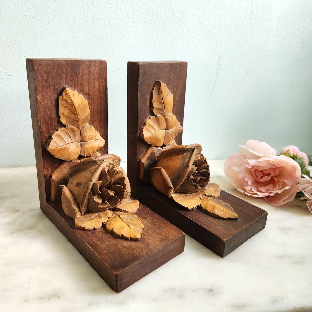 Antique Rose Wood Bookends Hand Carved Floral Library French Country ...