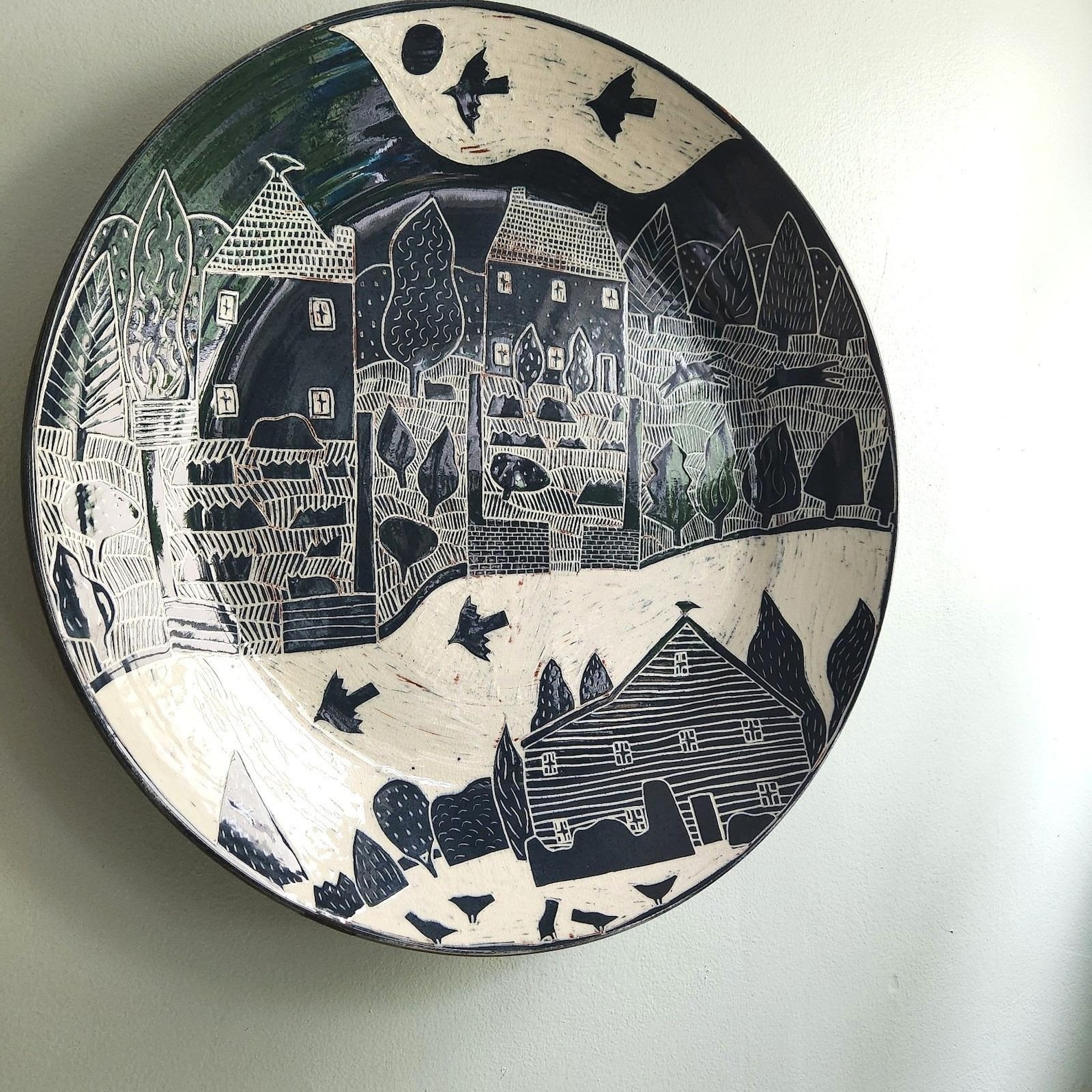 Vintage Large Blue Sgraffito Ceramic Plate Houses Birds Cats 18" Wall ...