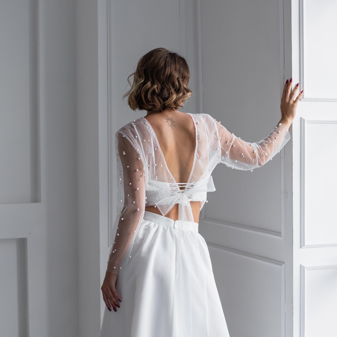 Pearl Bridal Topper,tulle Bridal Jacket,bridal Topper Beaded,long ...