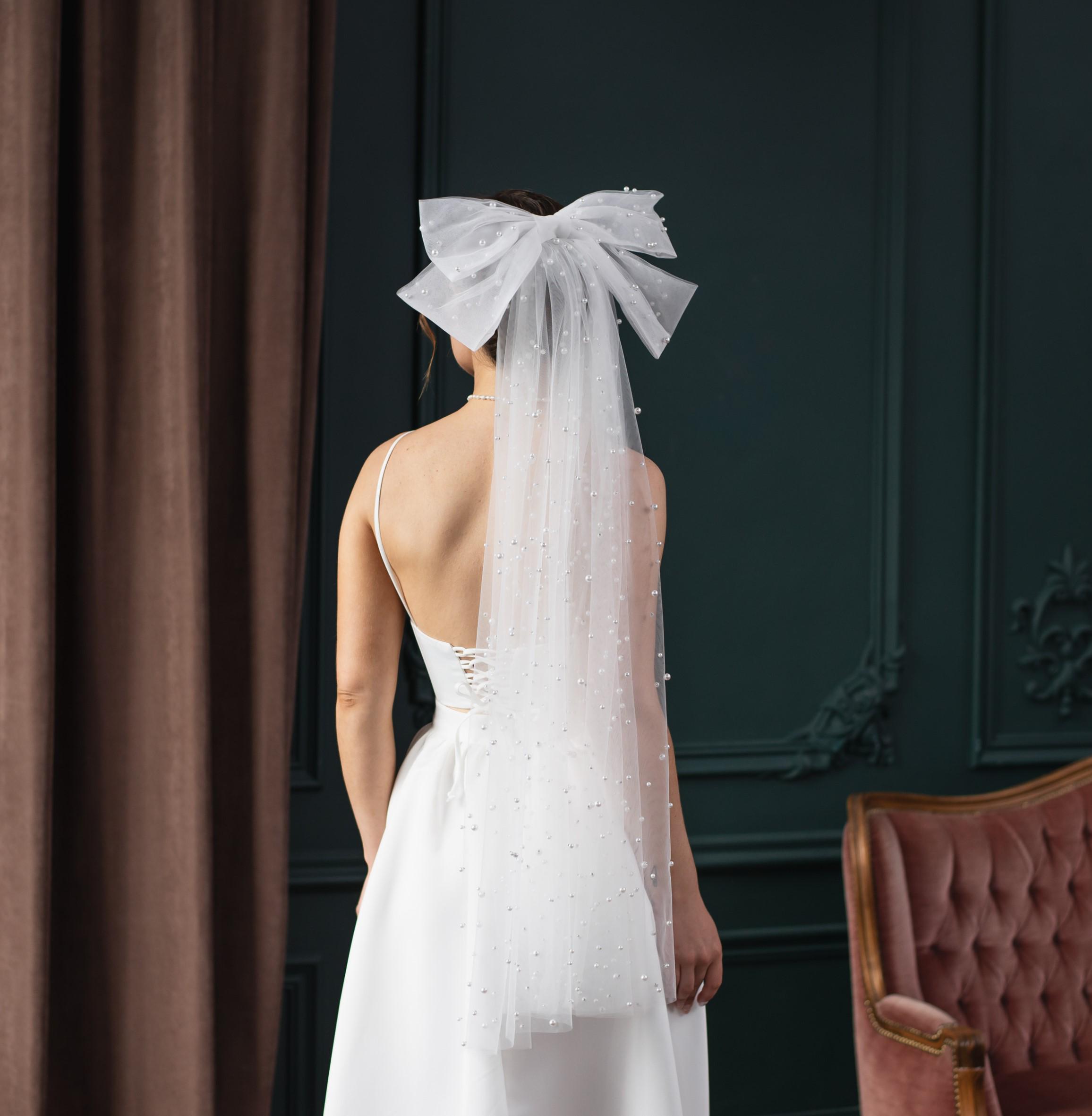 Bridal Bow Veil, Bridal Bow With Pearls, Bridal Shower Veil, Wedding ...