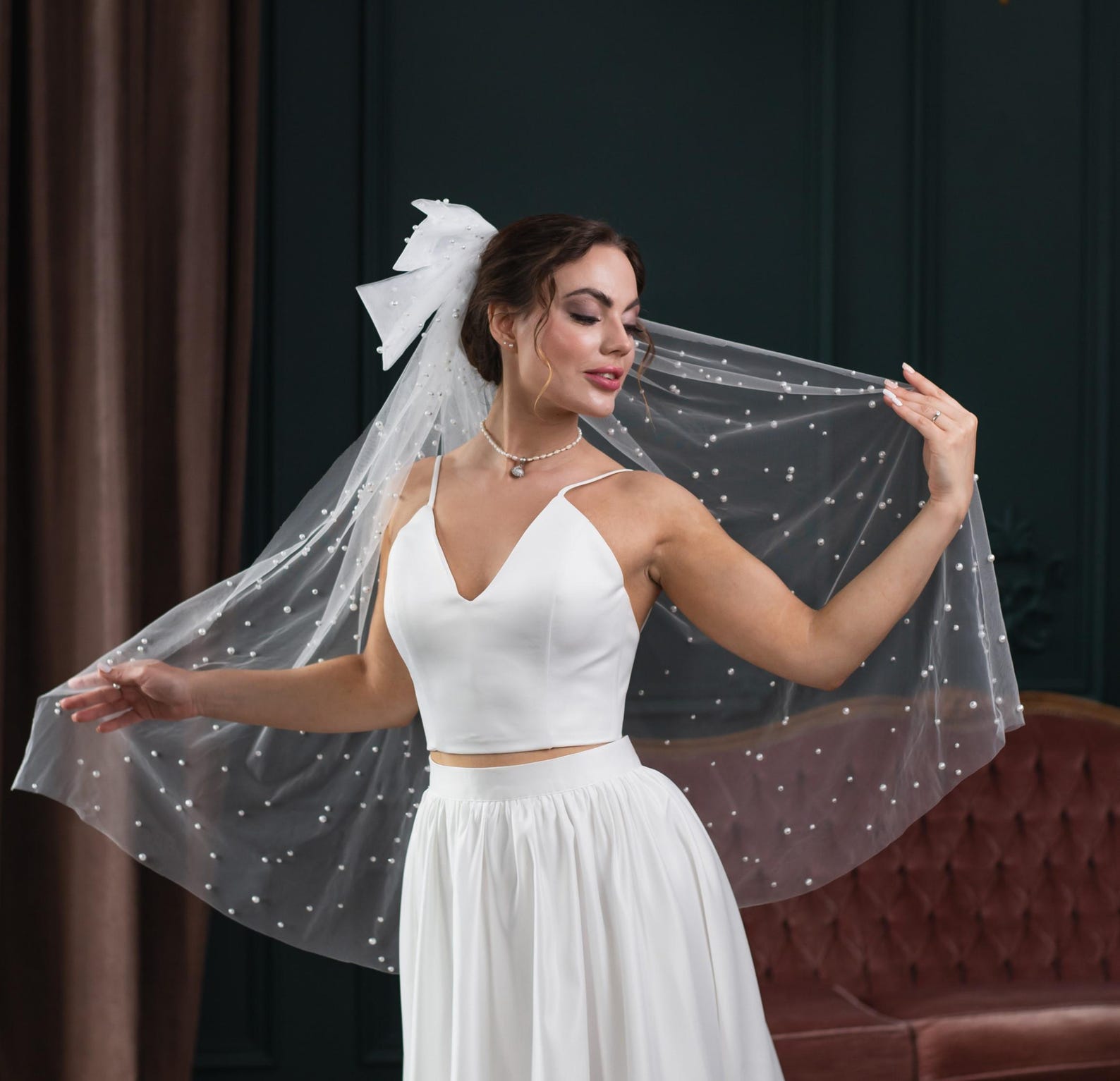 Bridal Bow Veil, Bridal Bow With Pearls, Bridal Shower Veil, Wedding ...