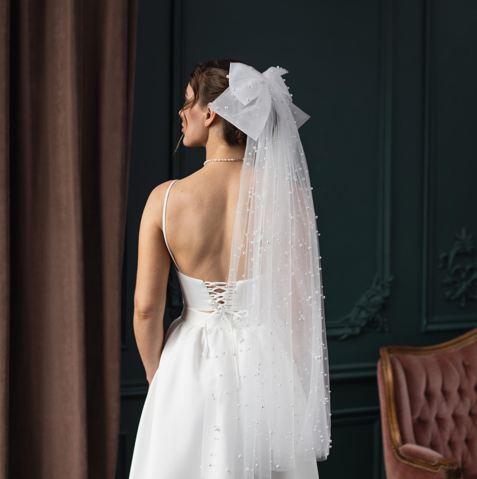 Bridal Bow Veil, Bridal Bow With Pearls, Bridal Shower Veil, Wedding ...