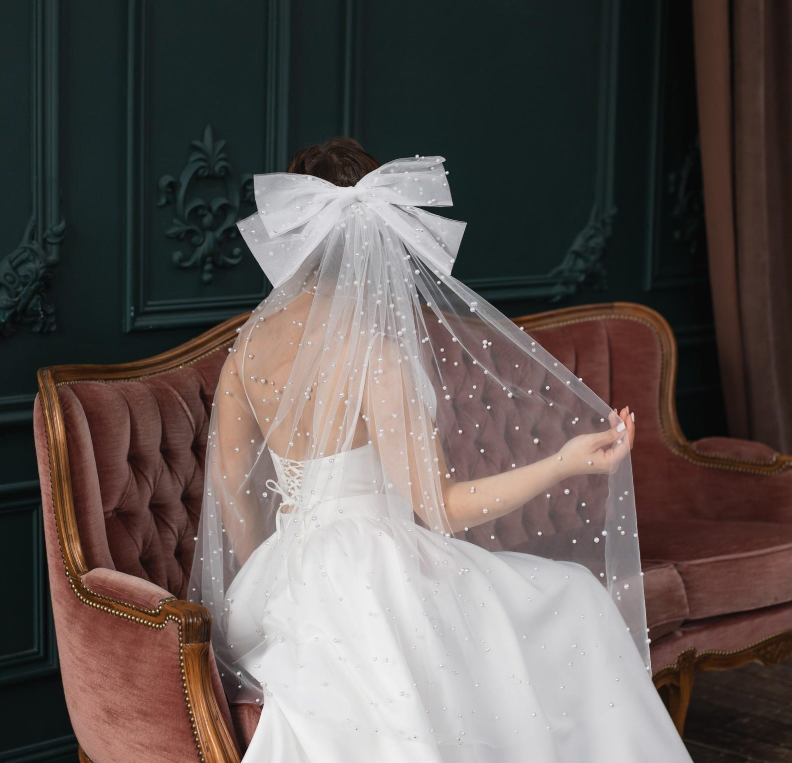 Bridal Bow Veil, Bridal Bow With Pearls, Bridal Shower Veil, Wedding ...