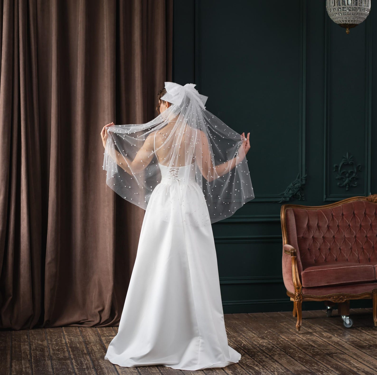 Bridal Bow Veil, Bridal Bow With Pearls, Bridal Shower Veil, Wedding ...