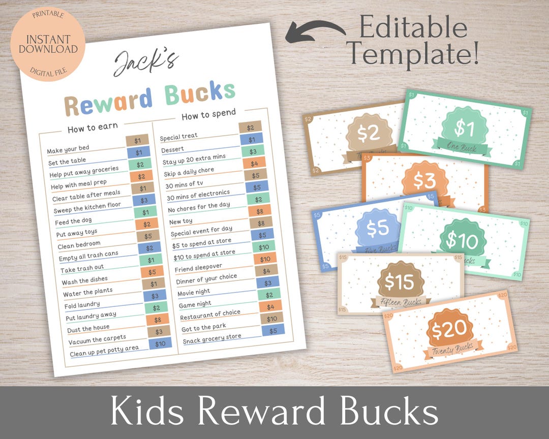 EDITABLE Kids Reward Bucks Printable, Kids Reward Coupons, Chore Bucks ...