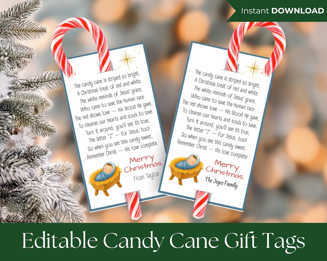 EDITABLE Candy Cane Gift Tag, Printable Candy Cane Tag With Jesus Story ...