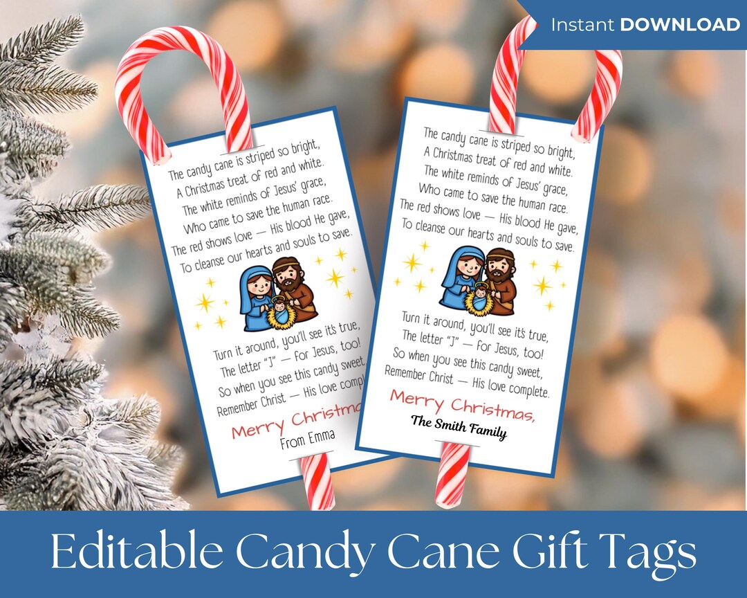EDITABLE Candy Cane Gift Tag, Printable Candy Cane Tag With Jesus Story ...