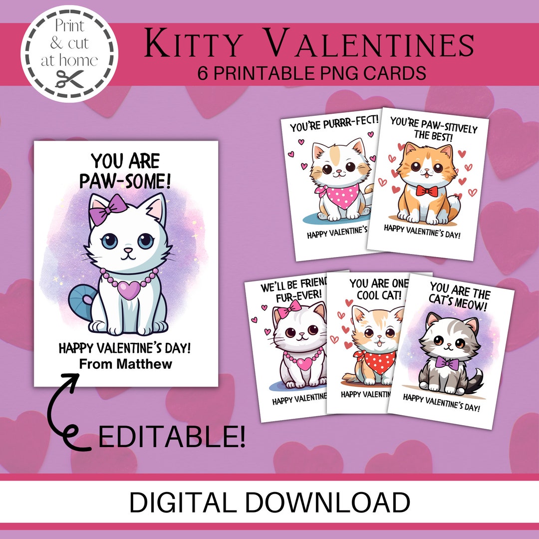 Cat Valentine Cards for Kids, Kids Valentine Cards, Kitty Valentine ...