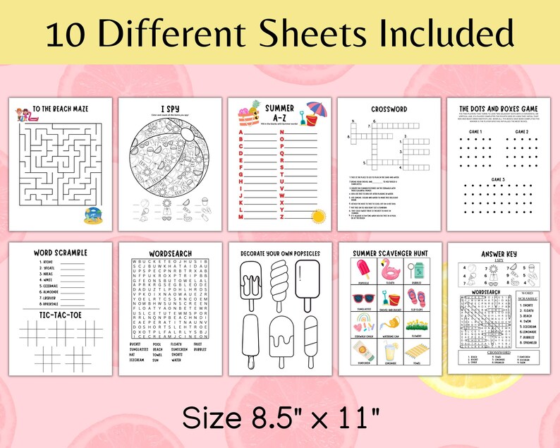 Summer Kids Activity Pack: 10-page Printable Games (digital Download ...