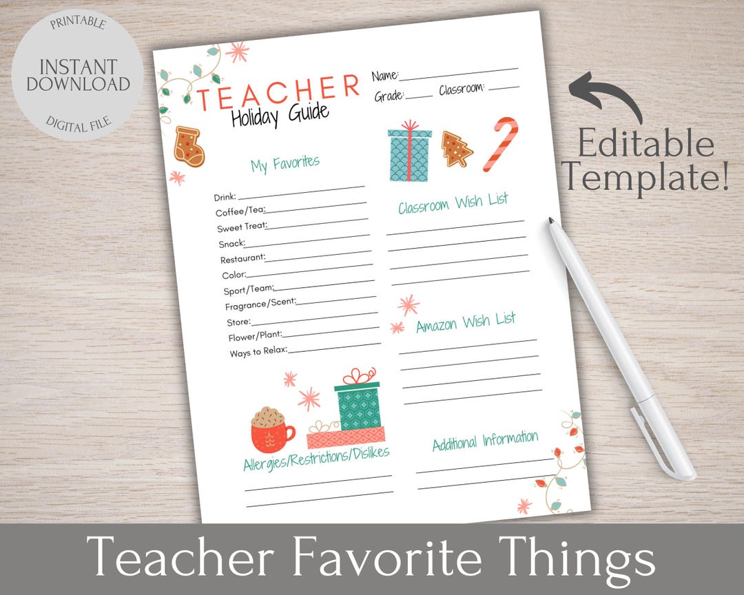 EDITABLE Teacher Christmas List, Teacher Favorite Things, Favorite ...