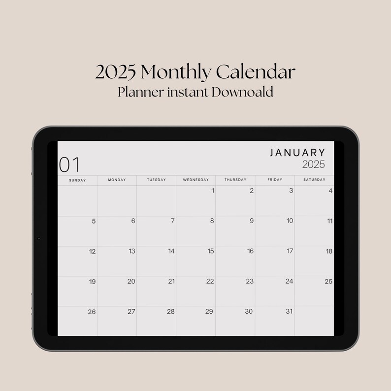 2025 Monthly Calendar Printable Minimalist Monthly Planner Instant ...