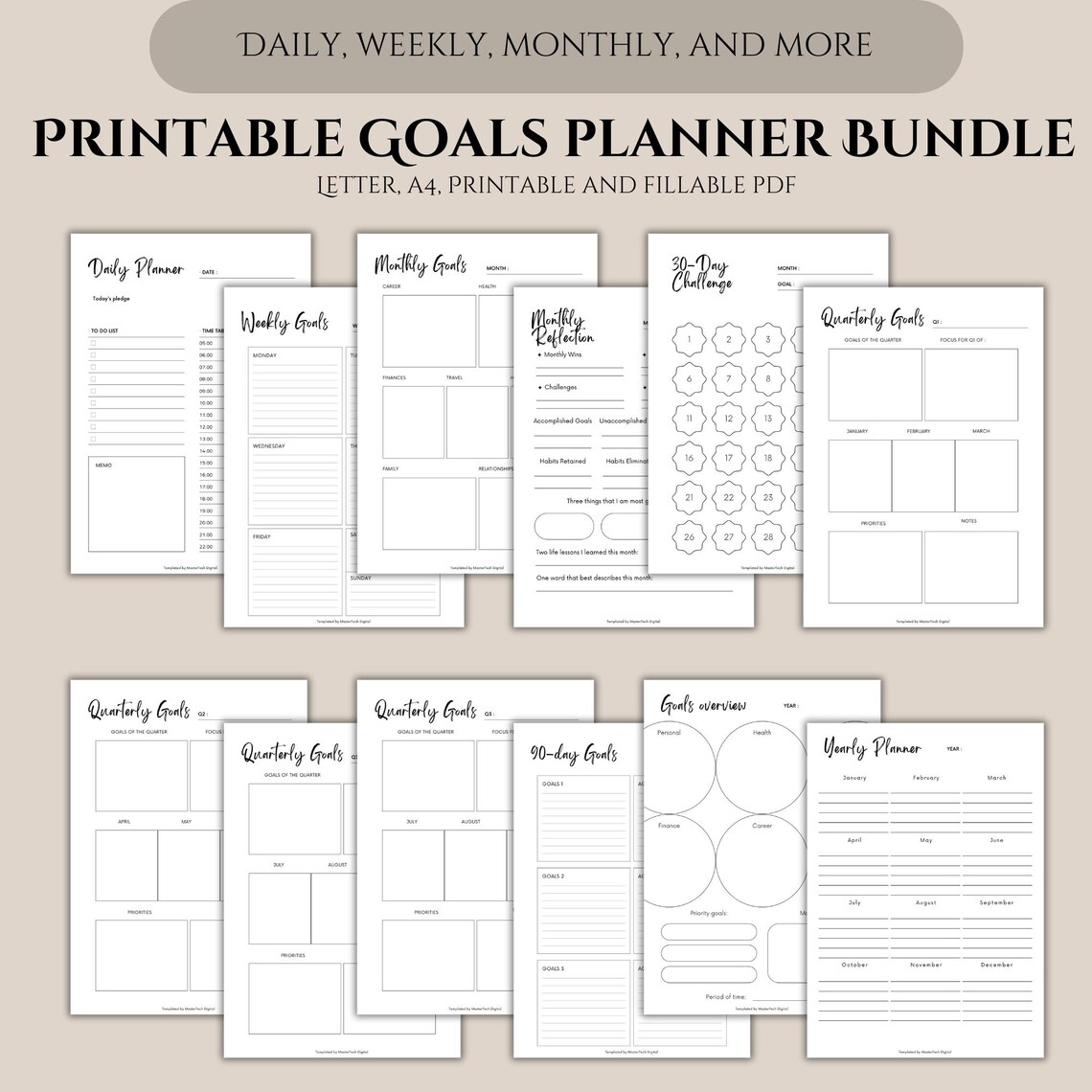 12 Goals Setting Planner Printable Worksheets Bundle: Daily, Weekly ...