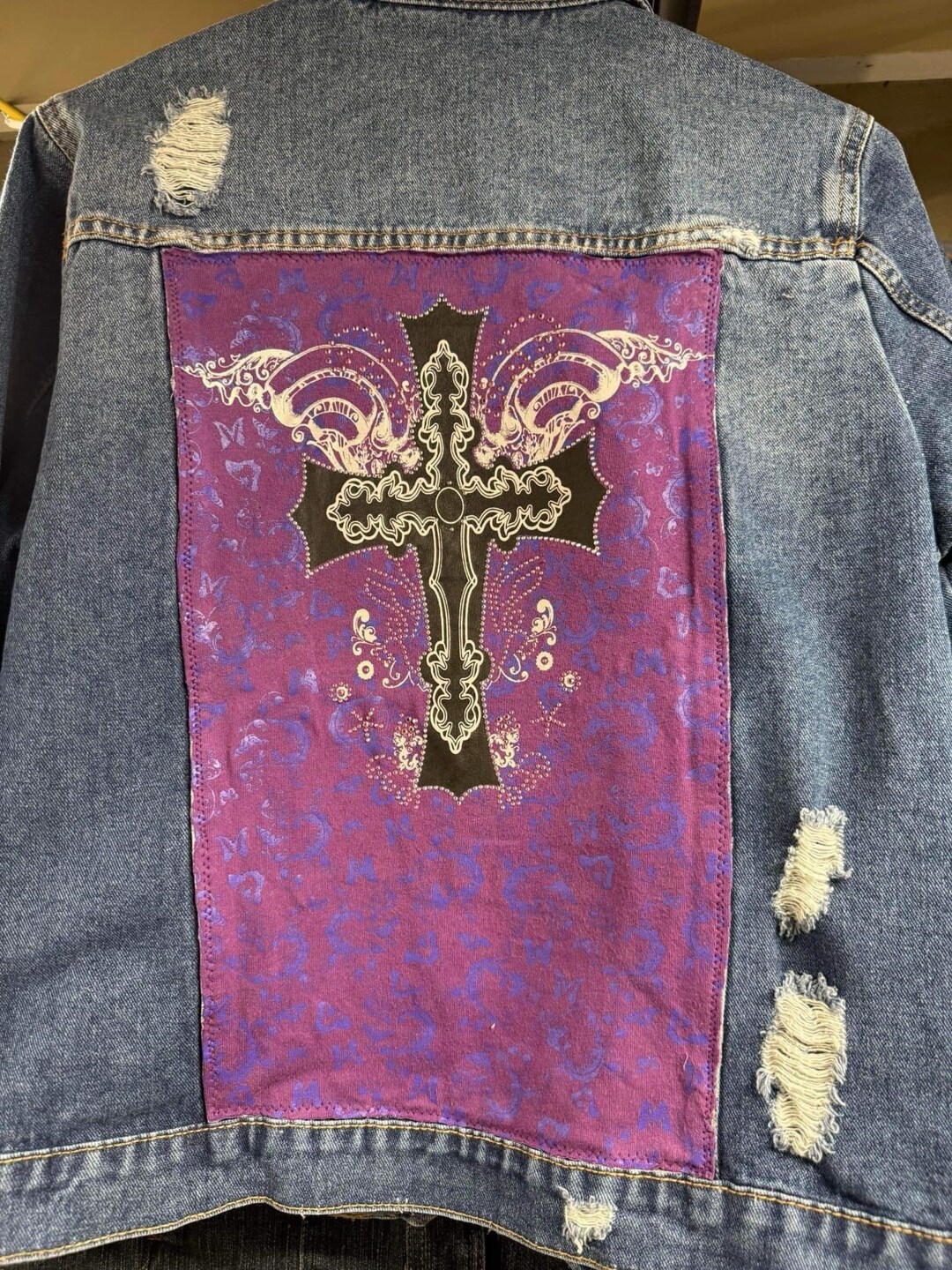 Ladies Large NEW, Blue Denim Jacket, With Purple Tee With Cross ...