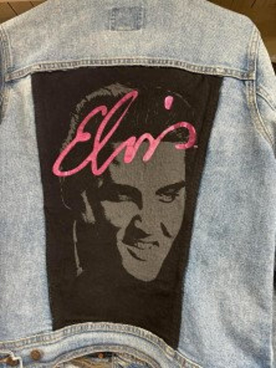 Elvis Presley Denim Jacket, Picture on Back, With Pink Lettering ...