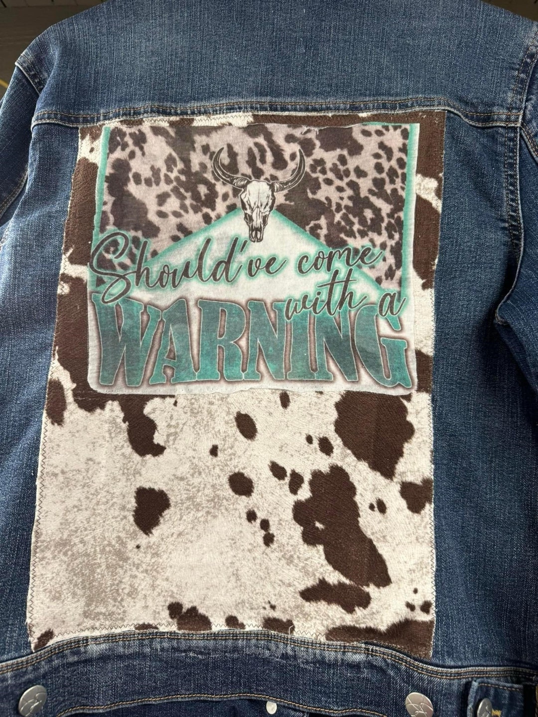 Blue Denim Jacket, With Cowhide and a Warning on the Back - Etsy