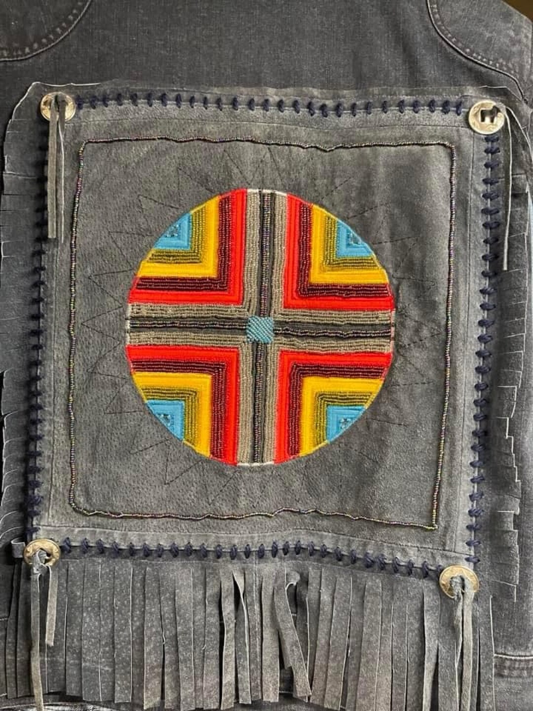 Black Denim Jacket, With Leather Design and Beads, Indigenous Look ...